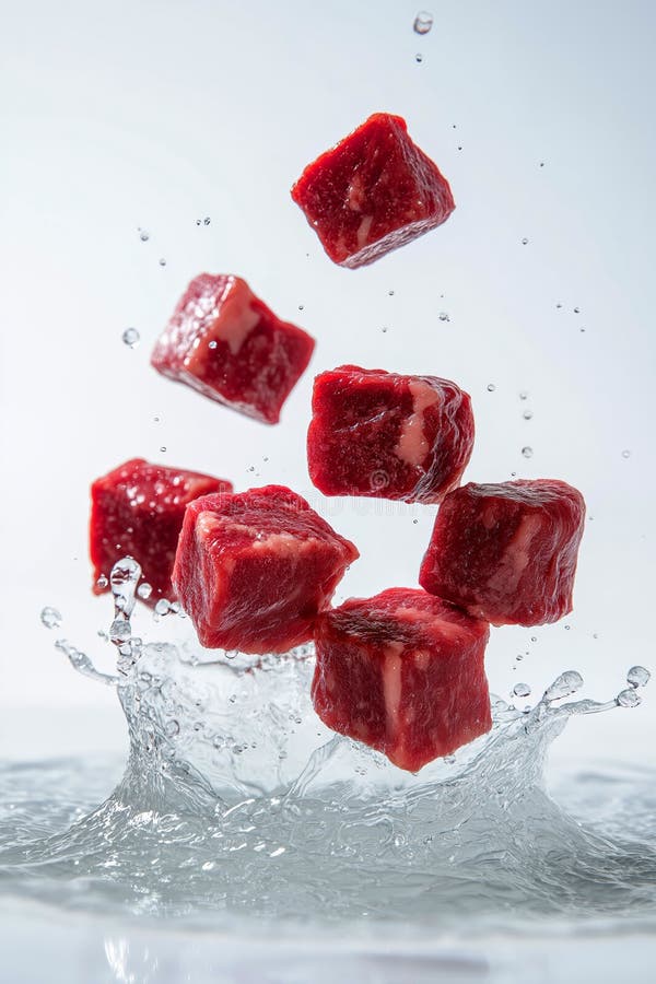 Fresh Beef Cubes Splashing into Water on White Background Stock ...