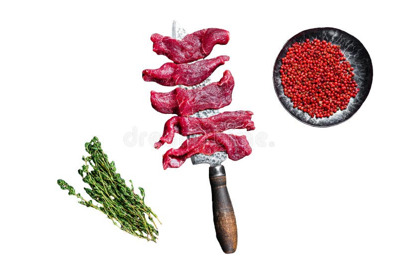 Fresh Beef Marbled Meat Cut into Thin Strips for Goulash. Isolated on ...