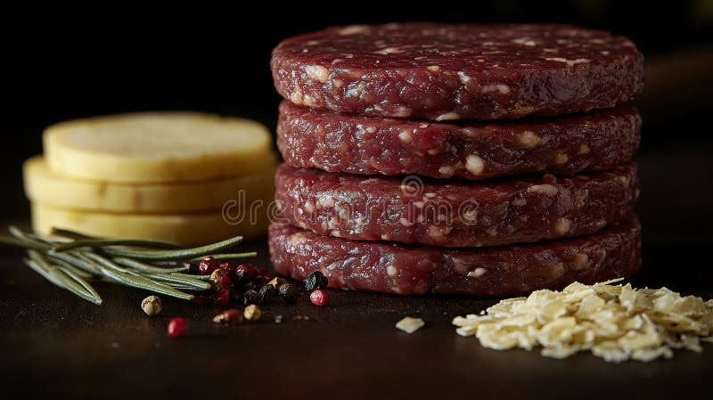 Fresh Beef Patties on a Slate Platter, Seasoned with Peppercorns and ...