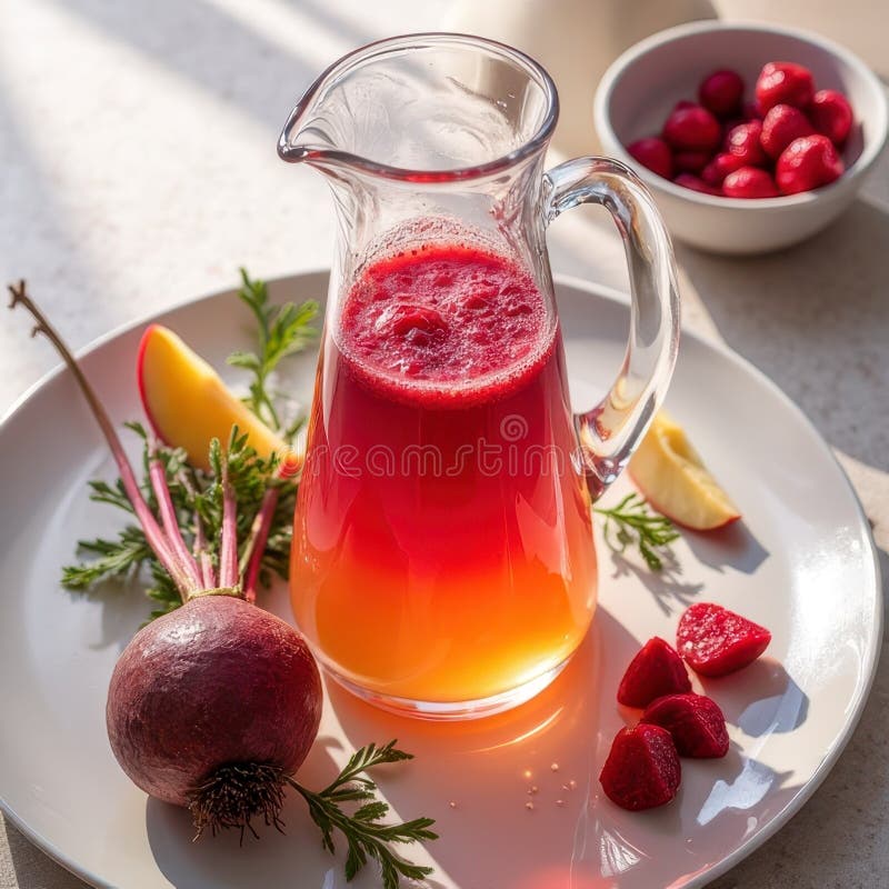 Fresh Beet and Apple Juice in Glass Pitcher with Cherries on Table ...