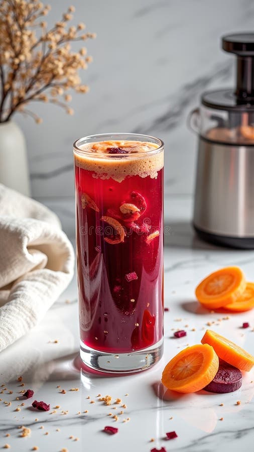 Fresh Beet and Carrot Juice in Glass with Slices on Marble Countertop ...