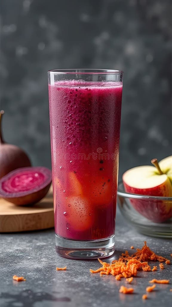 Fresh Beetroot and Apple Juice with Ice Cubes on Rustic Table Stock ...