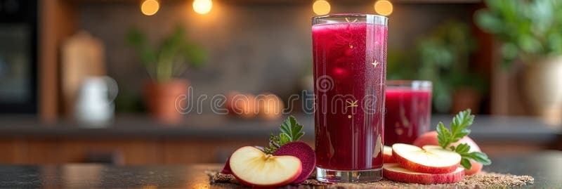 Fresh Beetroot and Apple Juice with Sliced Apples on Rustic Counter ...