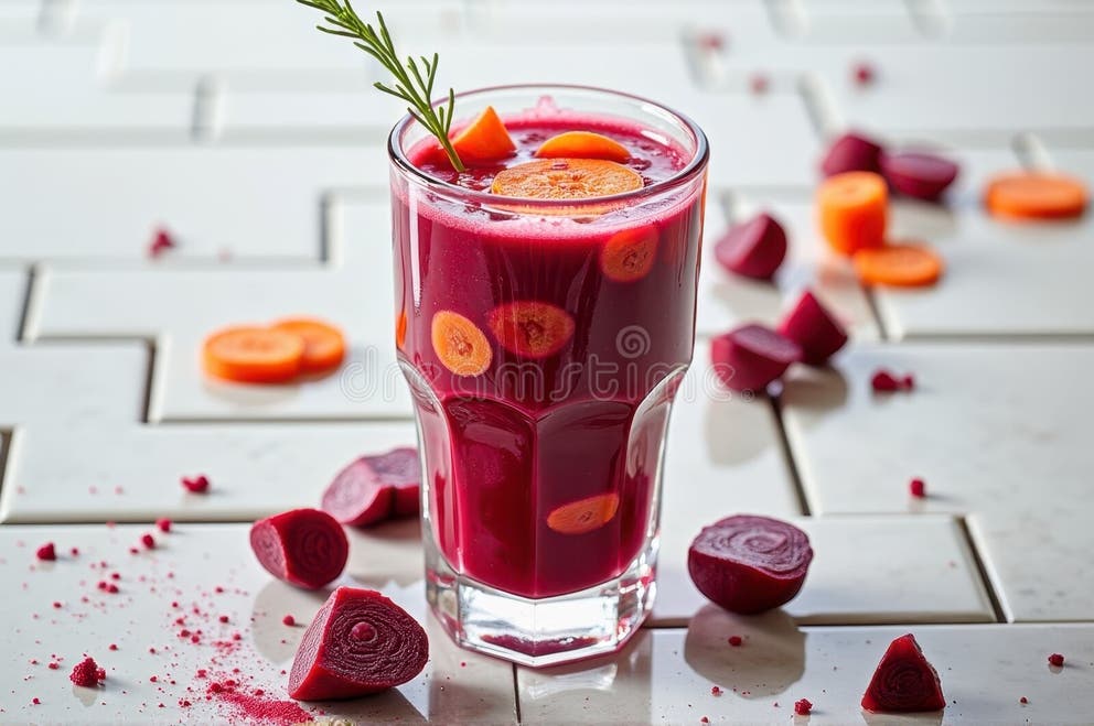Fresh Beetroot and Carrot Juice with Rosemary Garnish on Tiled Surface ...