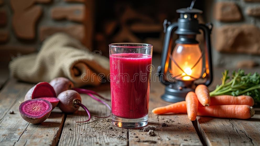 Fresh Beetroot and Carrot Juice in Rustic Setting with Lantern Stock ...