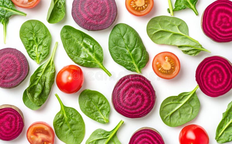 Fresh Beets, Cherry Tomatoes, and Spinach Leaves are Arranged ...