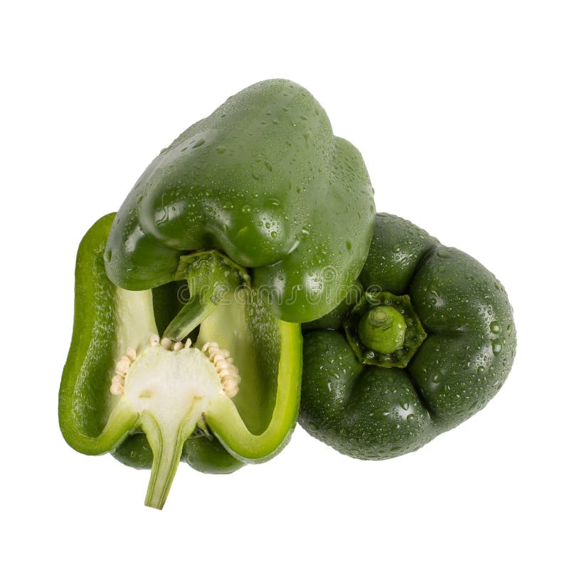 Two Fresh Bell Peppers, Big Green Wet in Drops, Perfect Isolate on a ...