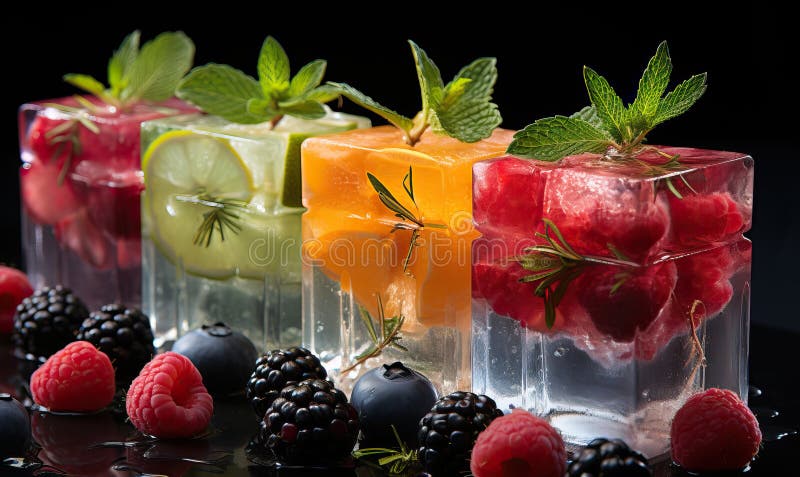 Fresh Berries and Fruits in Ice Cubes on a Dark Background. Stock ...