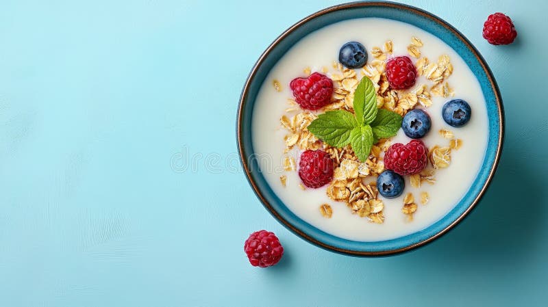 Fresh Berries Granola Green Leaves Light Blue Background Stock Photos ...