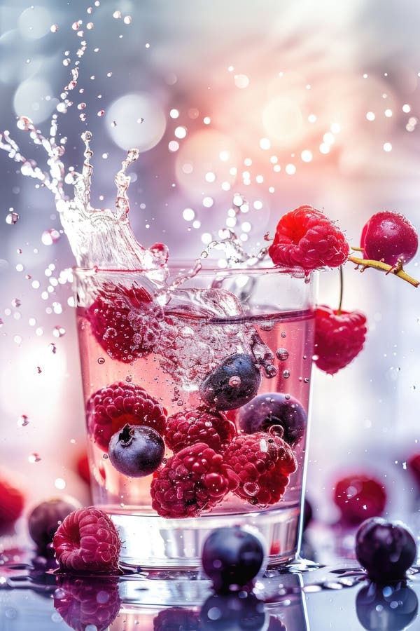 Fresh Berries Splashing in Water Glass Against White Background Stock ...
