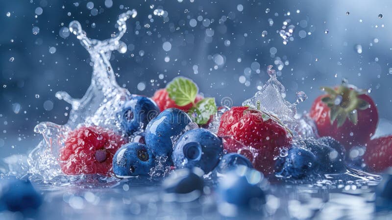 Refreshing Berries Splashing in Water: Juicy Blueberries, Raspberries ...