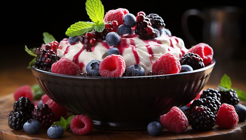 Fresh Berry Dessert on Wooden Table with Mint Leaf Garnish Generated by ...
