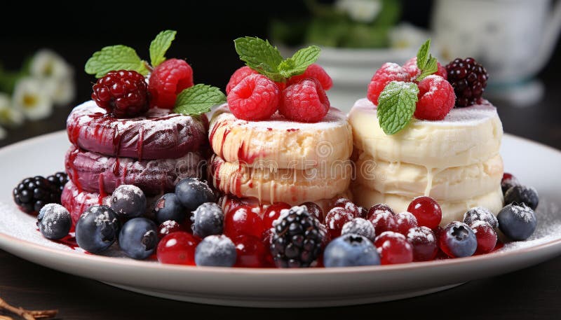 Fresh Berry Pancake Stack with Homemade Yogurt and Mint Leaf Generated ...