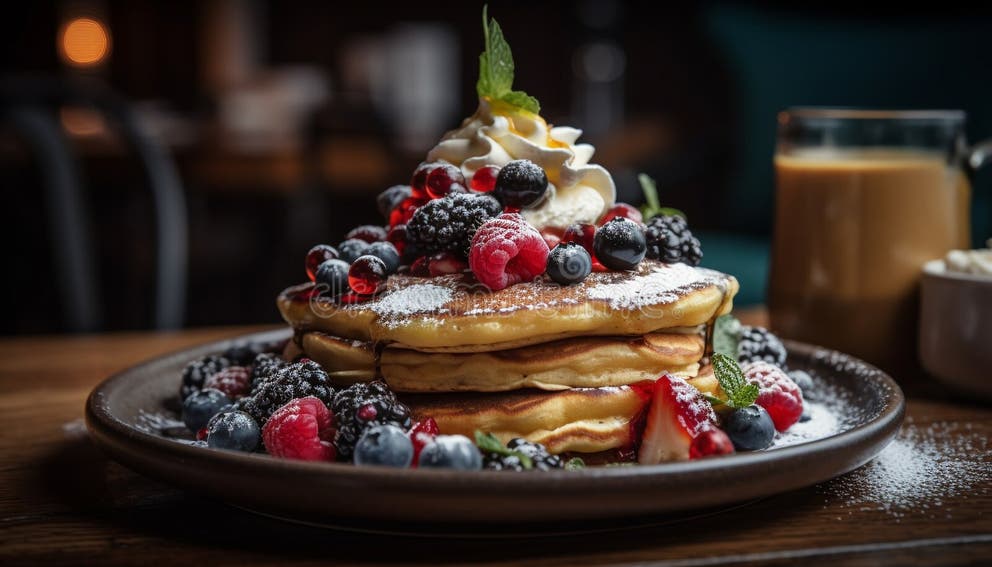 Fresh Berry Pancake Stack on Rustic Wood Plate Generated by AI Stock ...