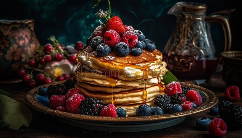 Fresh Berry Pancakes Stacked High on Plate Generated by AI Stock ...