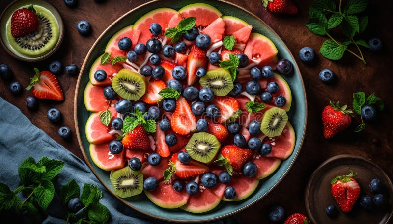 Fresh Berry Salad on Rustic Wooden Plate Generated by AI Stock Photo ...