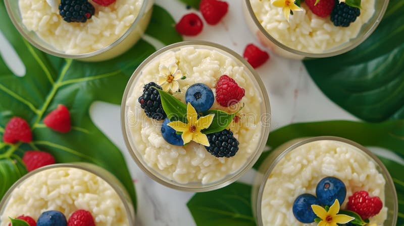 Fresh Berry Topped Rice Pudding in Elegant Presentation Stock Photo ...