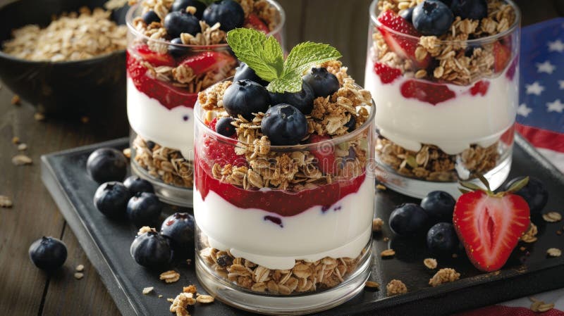 Fresh Berry Yogurt Parfait with Granola and Mint Garnish Stock Image ...