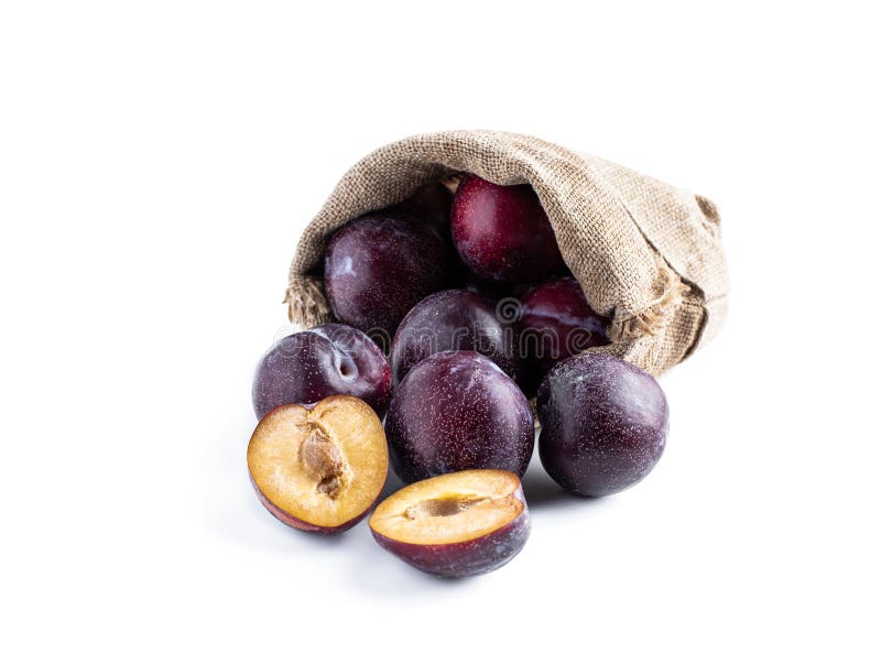 Fresh Big Plum in Burlap Bag Isolated on White Stock Photo - Image of ...