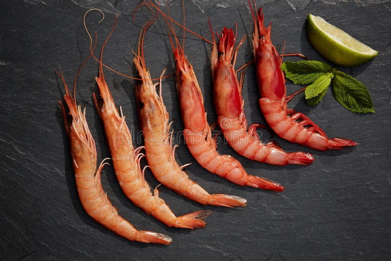Fresh Big Red Shrimp on a Black Stone Table Top View Stock Image ...
