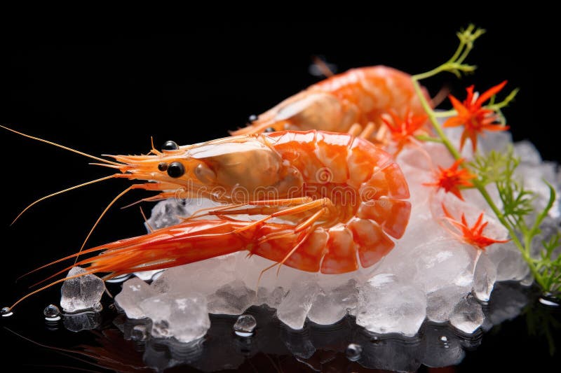 Fresh Big Red Shrimp on Ice on a Black Stone Table Top View Stock ...