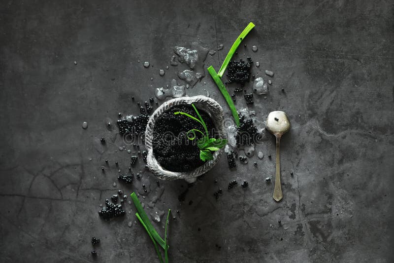Fresh Black Fish Roe. Beluga Caviar Served with Ice. Stock Photo ...