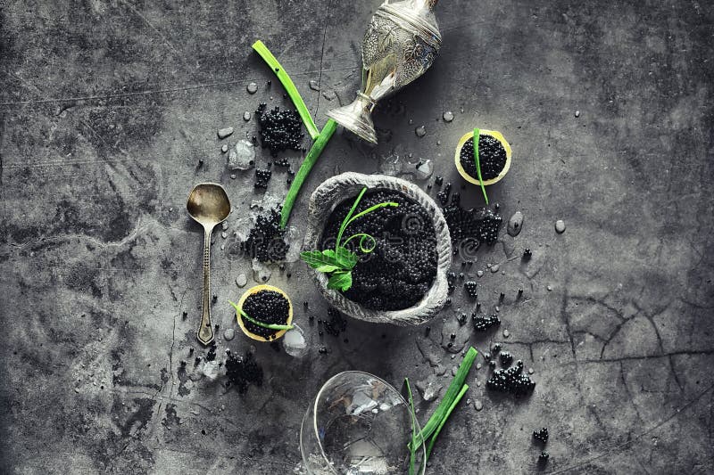 Fresh Black Fish Roe. Beluga Caviar Served with Ice. Stock Photo ...