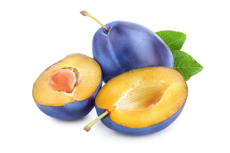 Fresh Blue Plum and Half with Leaves Isolated on White Background Stock ...