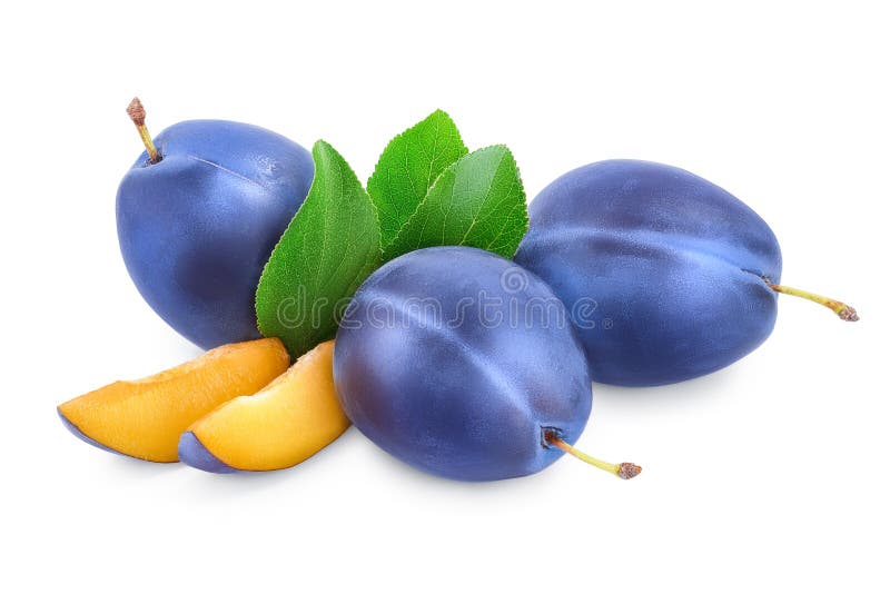 Fresh Blue Plum and Slices with Leaves Isolated on White Background ...