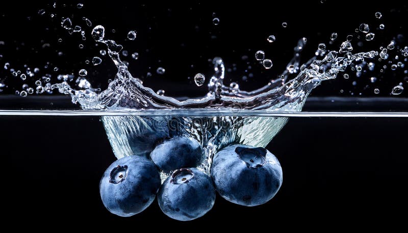Blueberries Splashing into Water Against Black Background Showcasing ...