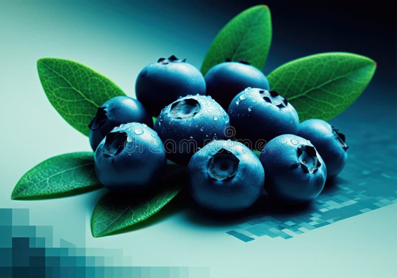 Fresh Blueberries with Green Leaves on a Vibrant Background Stock Image - Image of gourmet ...