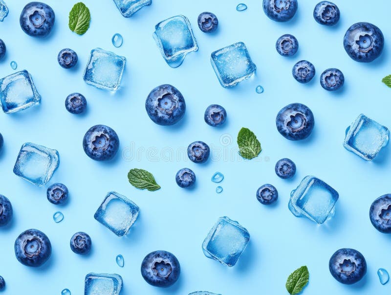 Fresh Blueberries and Ice Cubes Scattered on a Light Blue Surface for a ...