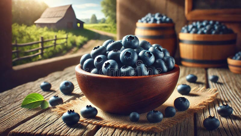 A Fresh Blueberries in a Small Wooden Bowl with a Rustic Countryside ...