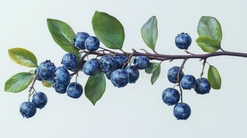 Fresh Blueberries on a Stem with Lush Green Leaves and a White ...