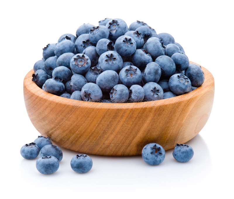 Fresh Blueberries on Wooden Bowl Isolated on White Background Stock ...