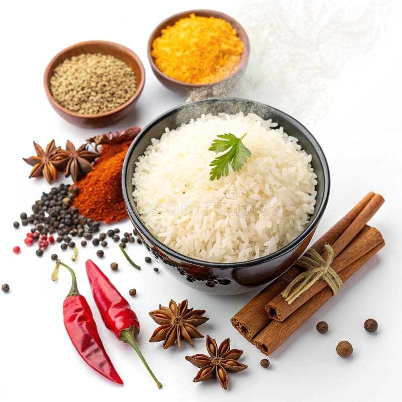 Fresh Boiled Rice in a Bowl with Spices Isolated on White Background ...