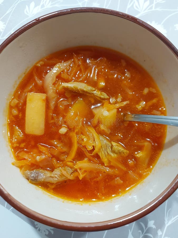 Fresh Borscht, Red Soup with Meat, First Course, Top View, Copy Space ...