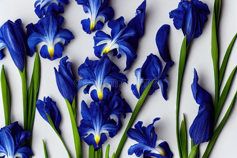 Fresh Bouquet of Blue Iris Flower on Stem on White Background. Stock ...