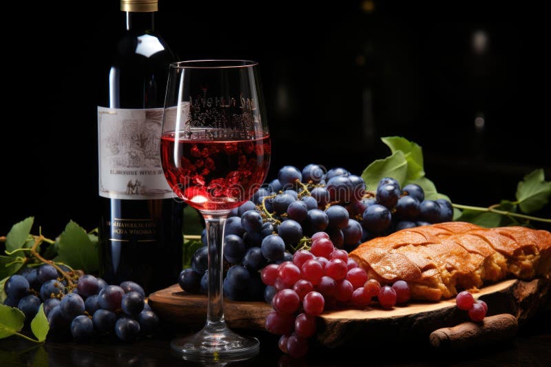 A Fresh Branch of Grapes with a Bottle of Juice in a Dark Ba Stock ...