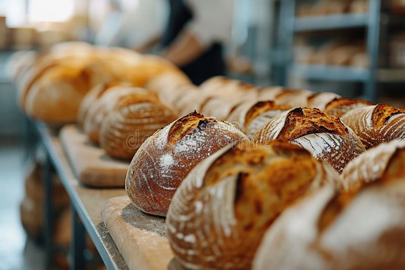 Fresh Bread in Artisanal Bakery. Bread Baking Production Stock Photo ...