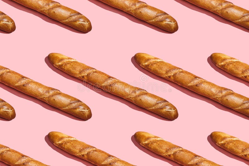 Fresh Bread Baguette Loaf on the Pink Table. Regular Pattern, Flat Lay ...