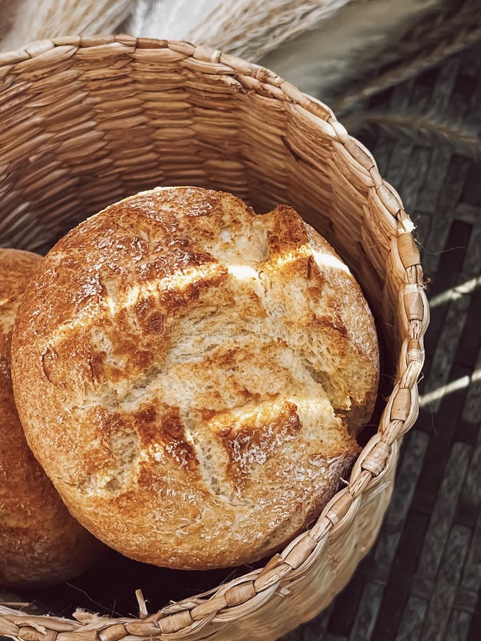 Fresh Bread in a Basket, Rustic Style Food Stock Image - Image of style ...