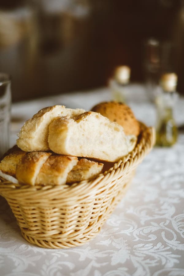 Fresh Bread in Basket. Slices Roll Breads in Basket on Table Stock ...