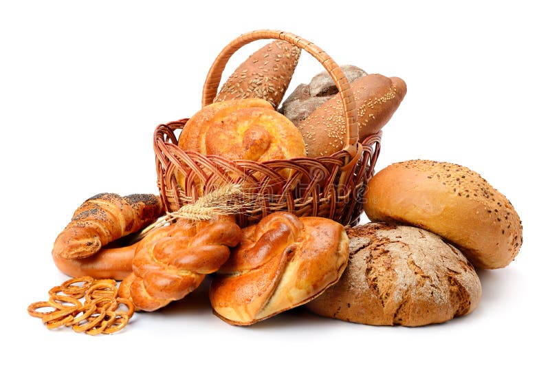 Fresh Bread, Buns and Cookies in Basket Isolated on White Stock Image ...