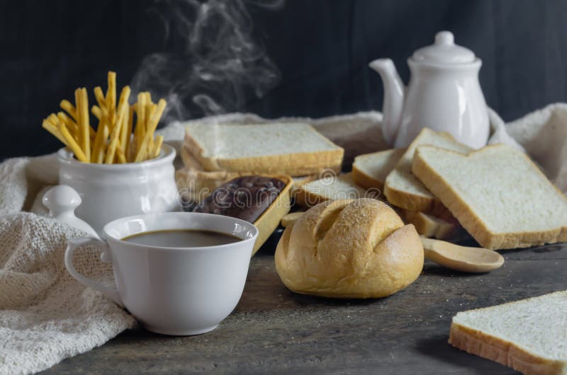 Fresh bread and coffee stock photo. Image of baked, black - 37082996