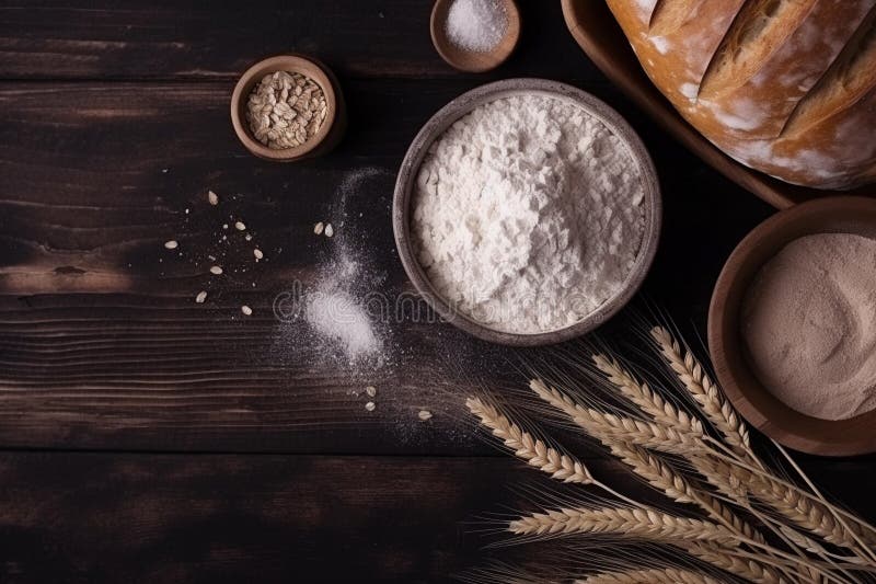 Fresh Bread with Ears of Wheat and a Bowl of Flour, Top View, Empty ...