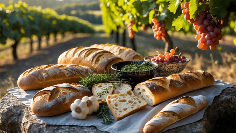Golden Crusty Breads and Grapes in Vineyard at Sunset Stock Illustration - Illustration of bunch ...
