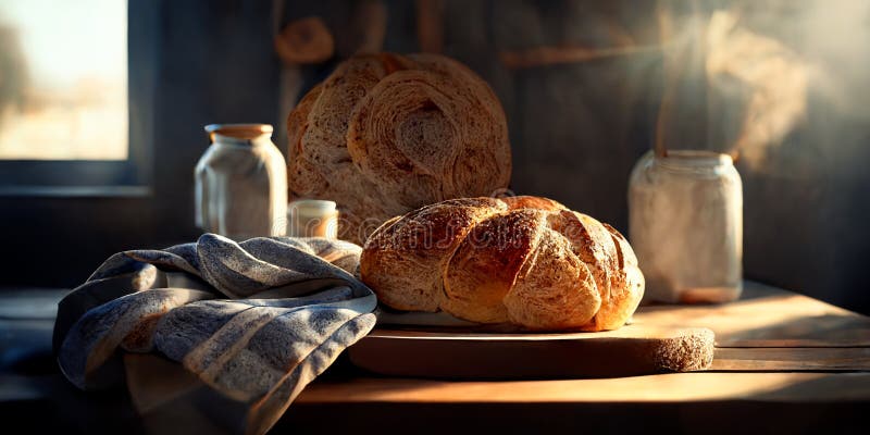 Fresh Bread on the Kitchen Table in Front of a Window with a ...