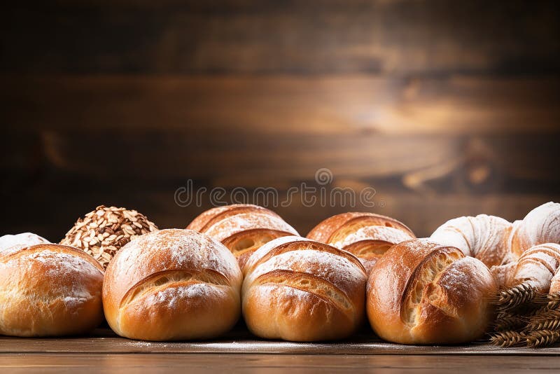Fresh Bread, Loaf, Buns on a Wooden Surface, Empty Background with Copy ...