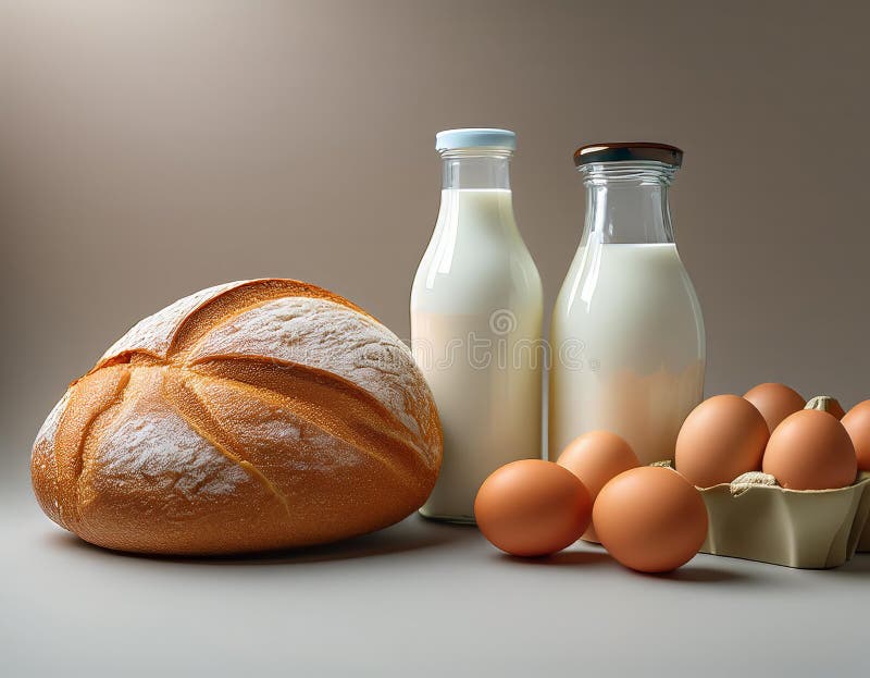 Fresh Bread, Milk Bottles and Eggs on Table Representing Basic Food ...
